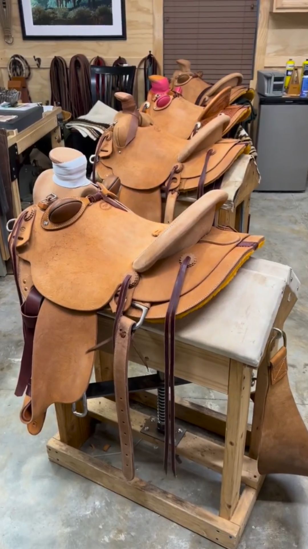 Handmade saddles ready for shipping from the workshop