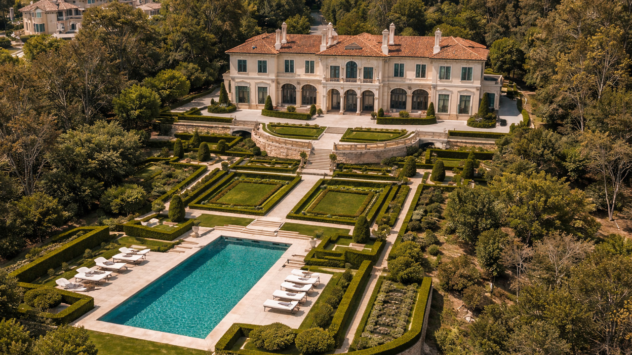 Mansões e jardins de luxo na colina vistos de cima