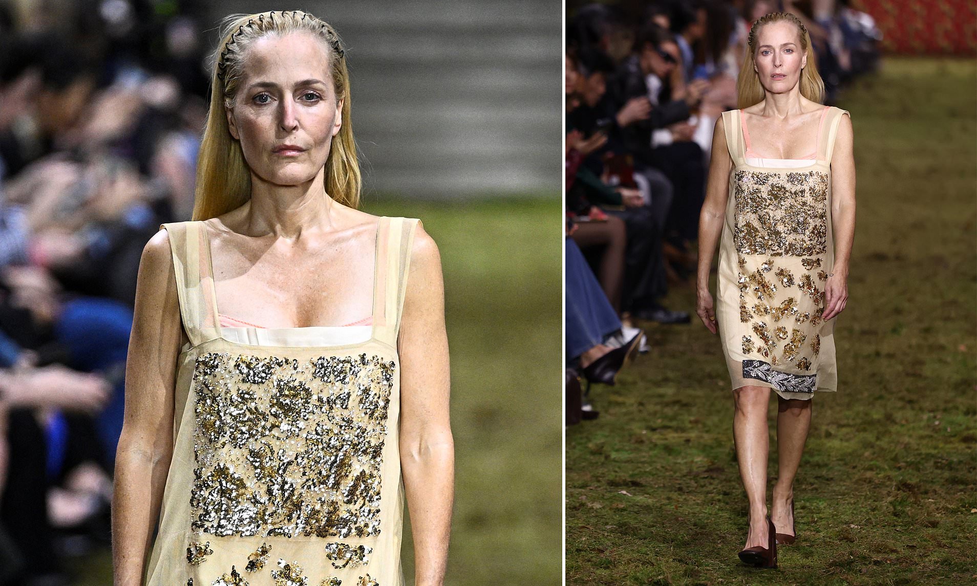 Gillian Anderson, 57, rules the runway as she walks in the Miu Miu ...