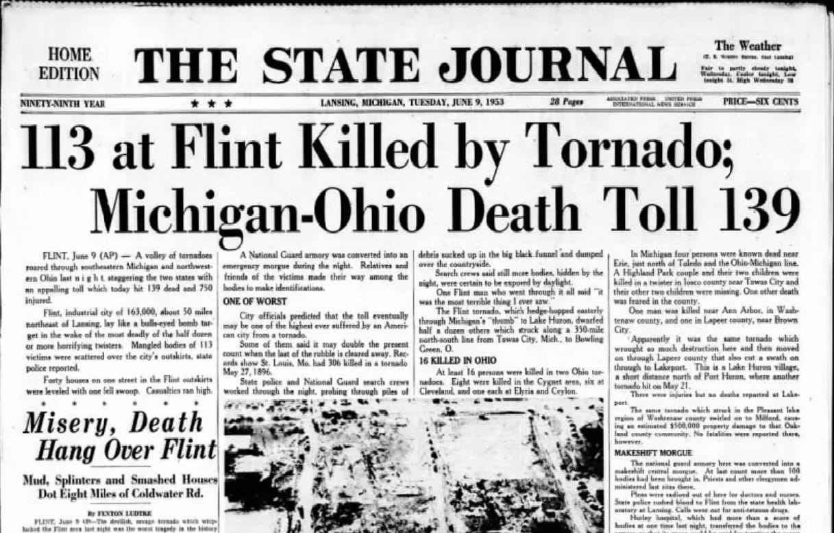 Michigan's worst tornado leveled Flint, killed 116 people in 1953