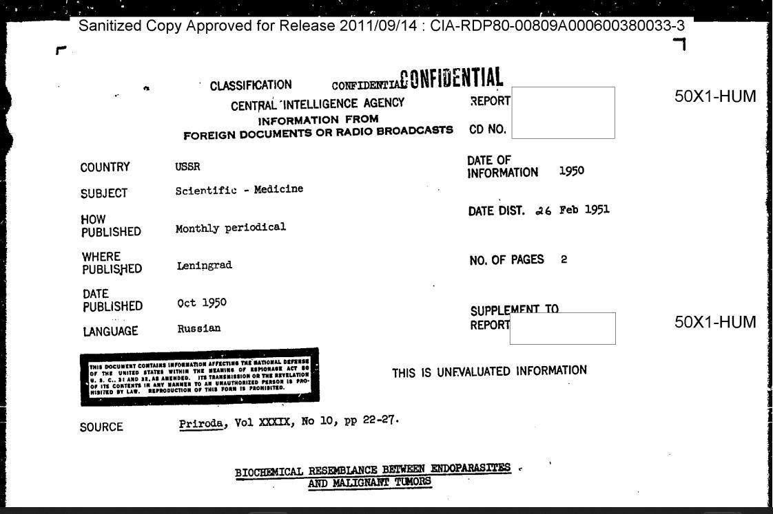 CIA slammed after declassified 1951 report linking parasites and cancer ...