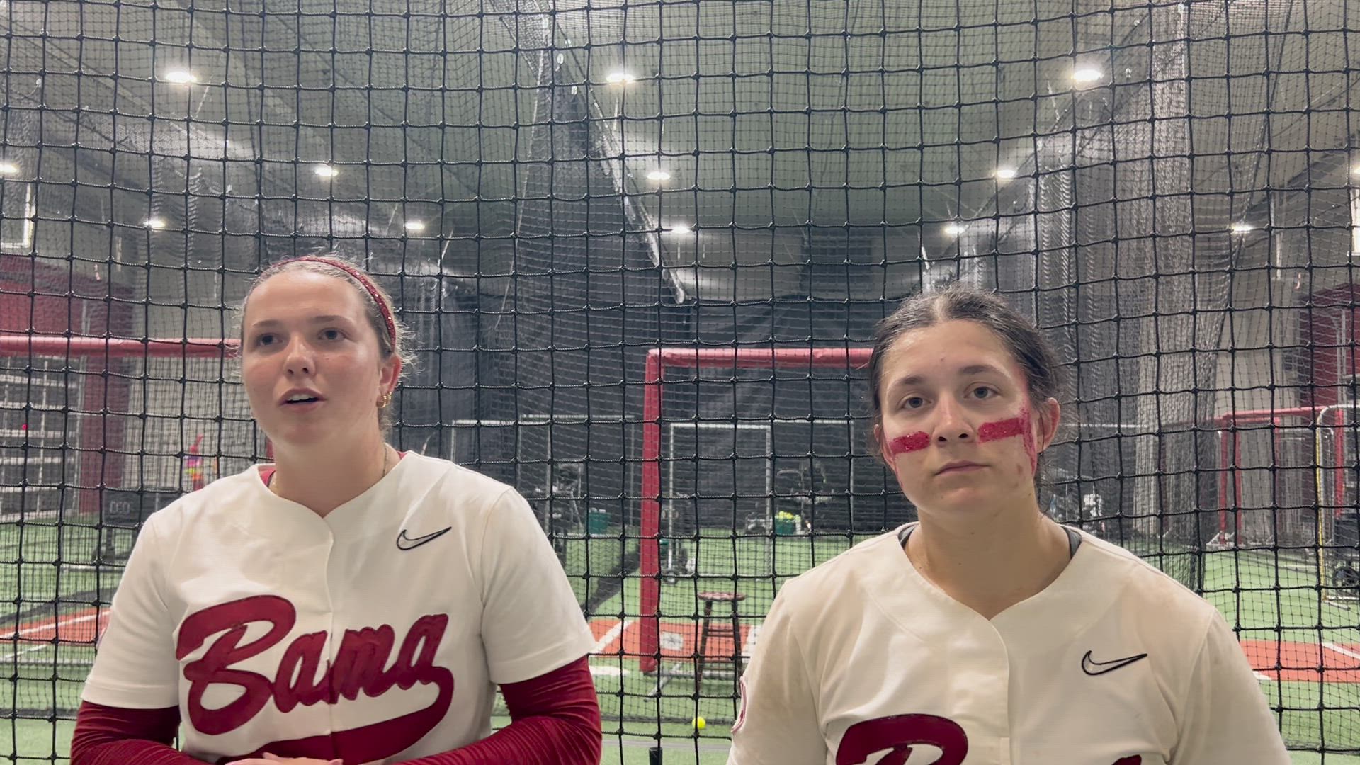 Brooke Wells and Alexis Pupillo after Alabama softball's win over Samford