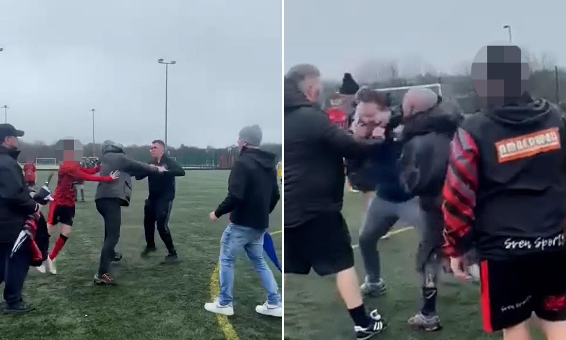 Moment brawl breaks out between parents at under 14s football match as ...