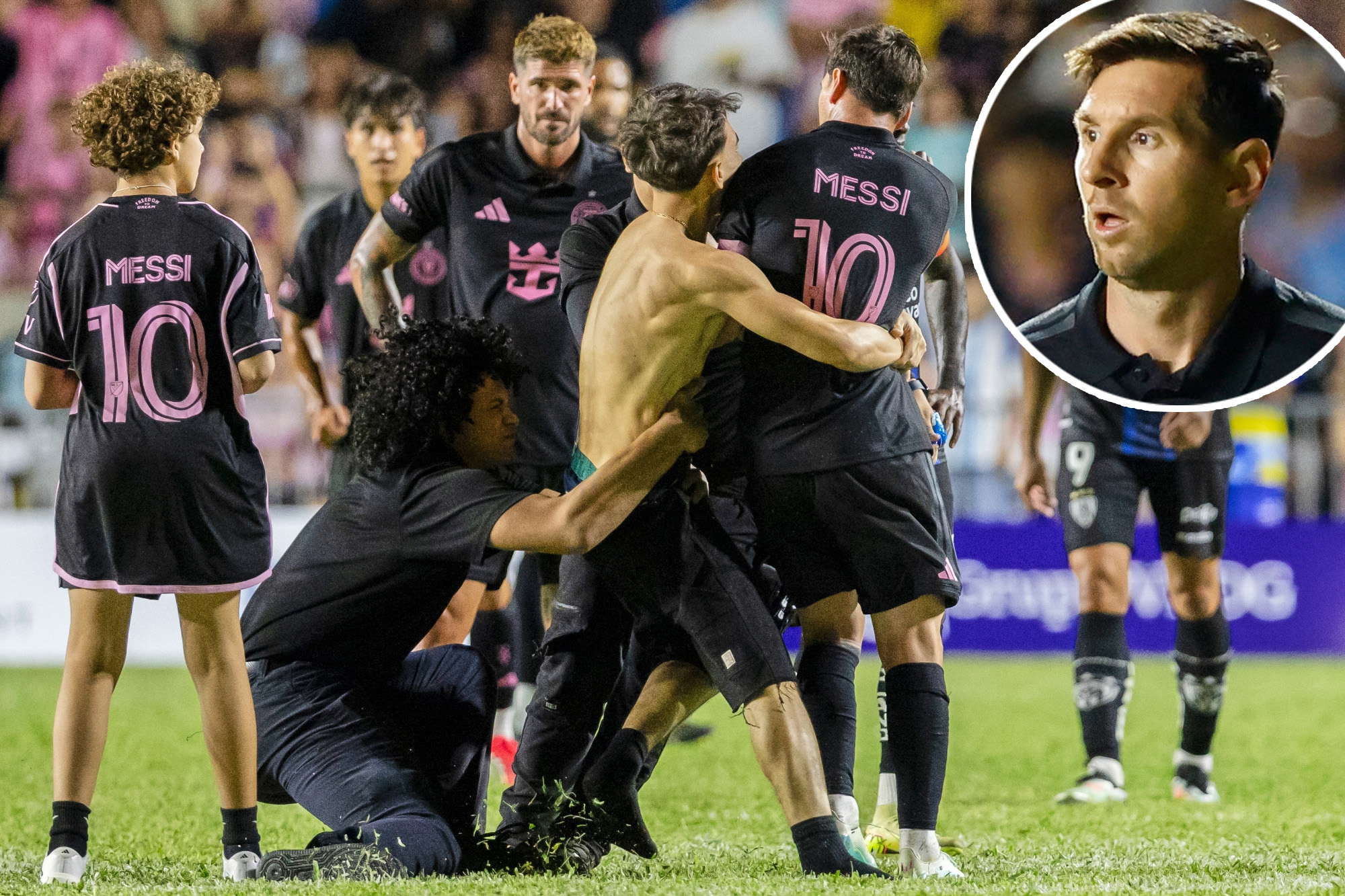 Lionel Messi tackled by shirtless field invader during game in Puerto Rico