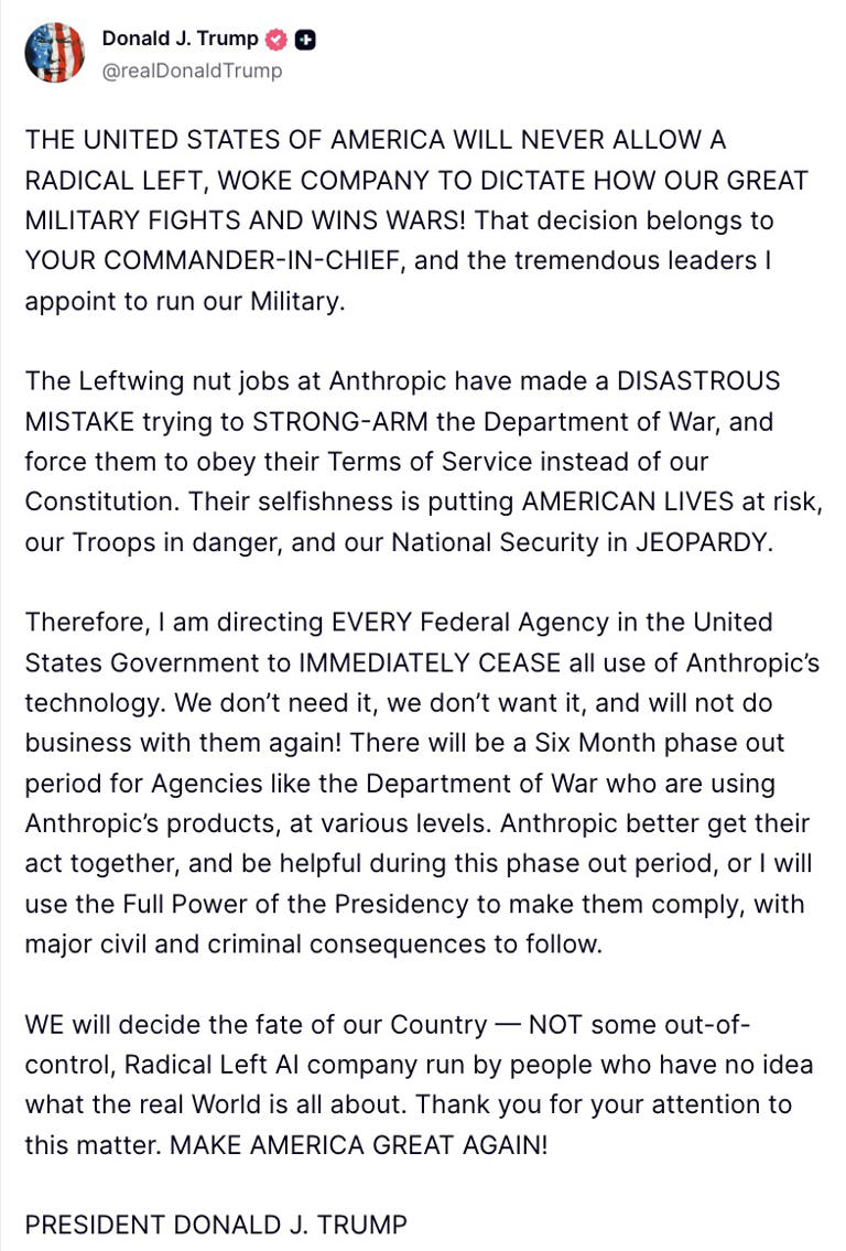 Trump orders federal agencies to stop using Anthropic’s AI models, says ...