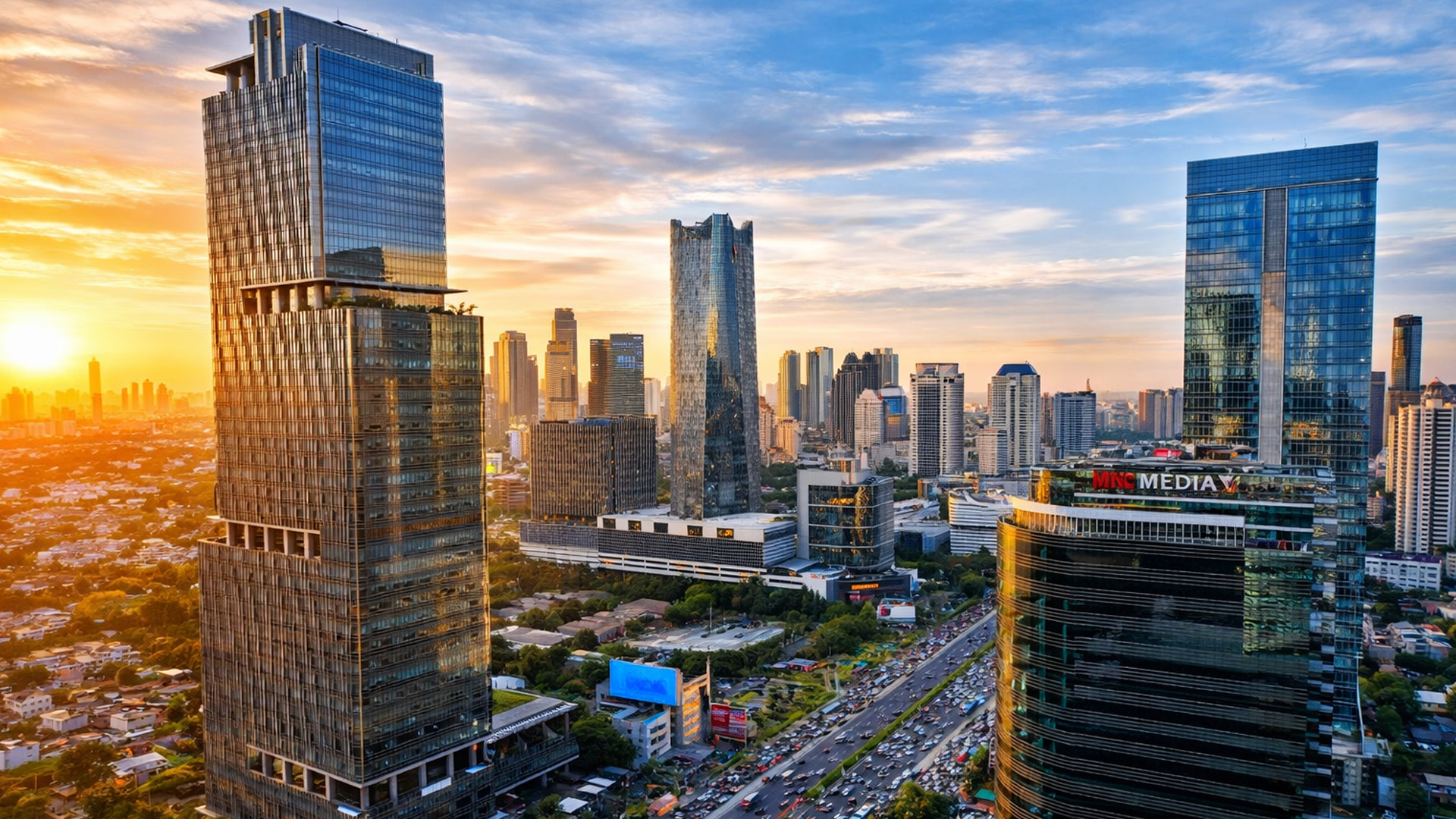 Golden sunset over Jakarta skyline Indonesia