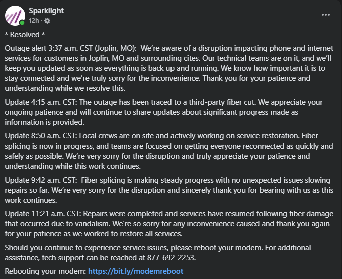 Sparklight fixes vandalized fiber, restores Joplin area services