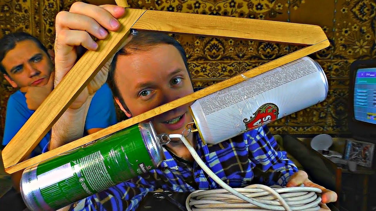 DIY beer can TV antenna with amplifier for strong digital TV signal boost