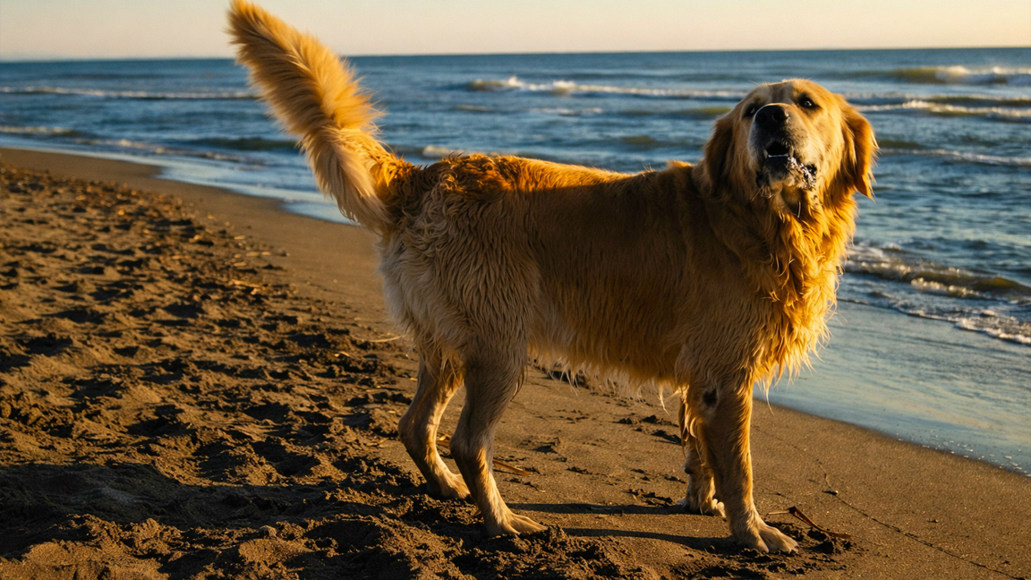 Golden retriever at Sunset Beach