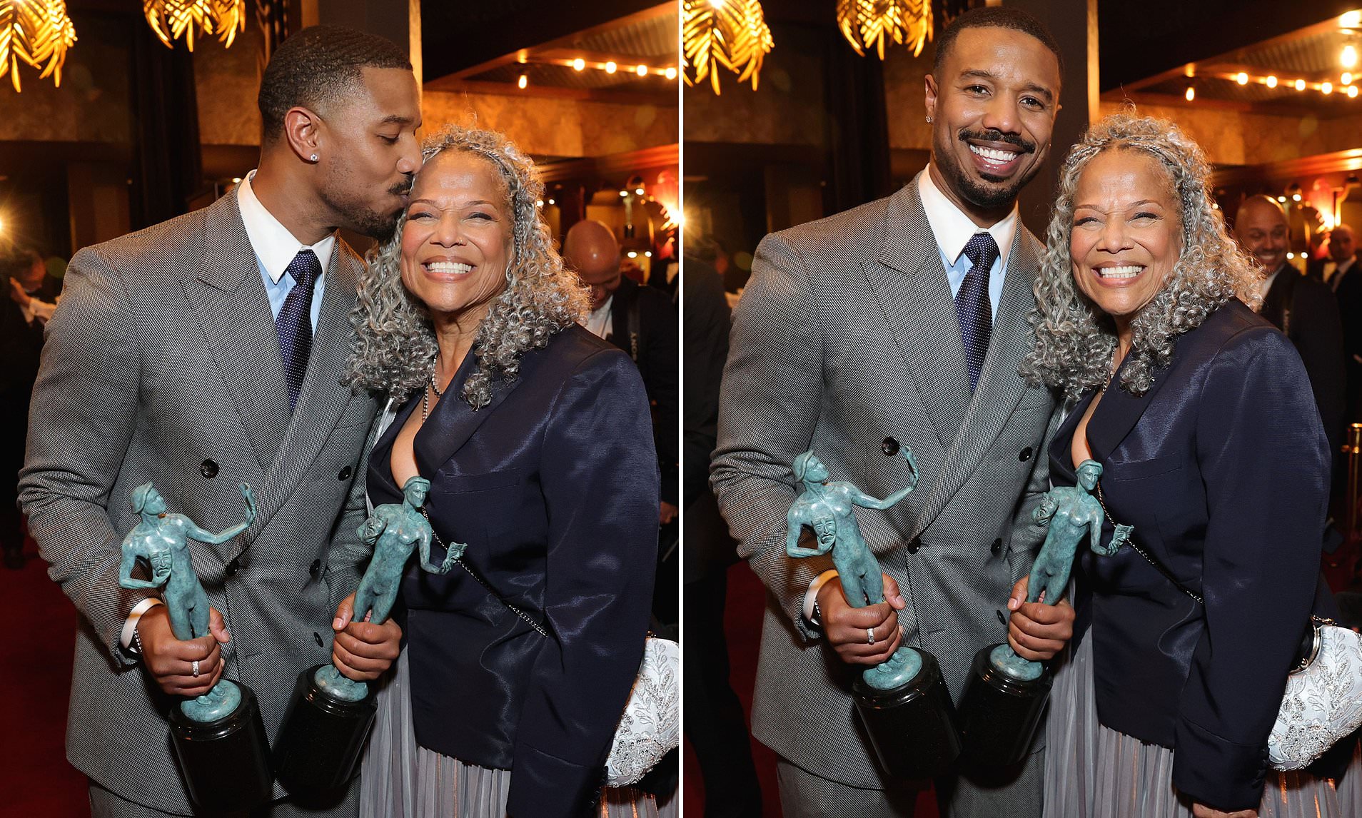 Michael B Jordan plants a kiss on his proud mother Donna as he ...