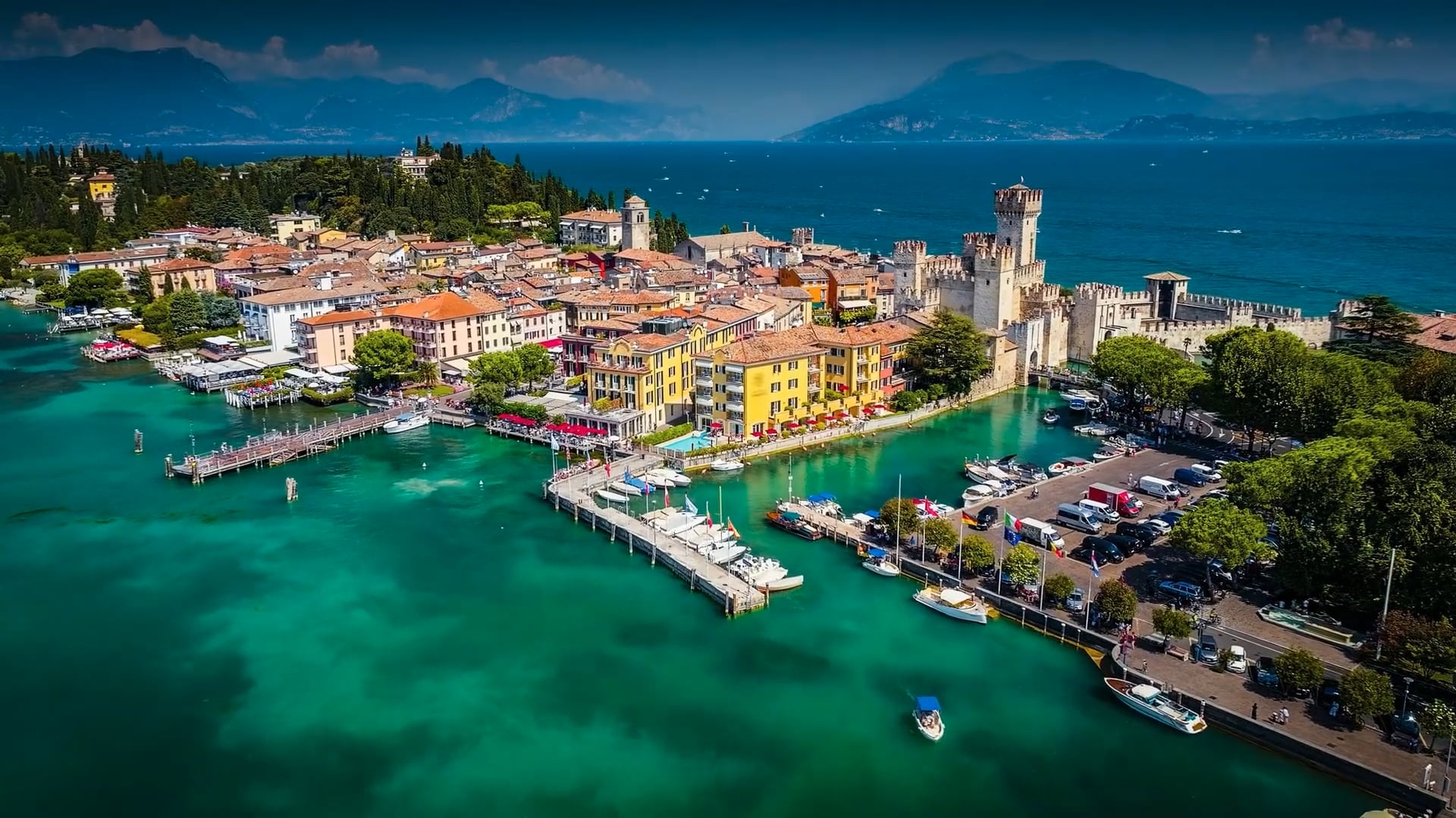 Drone flight over Sirmione, a medieval gem on Lake Garda, Italy - Worldwide