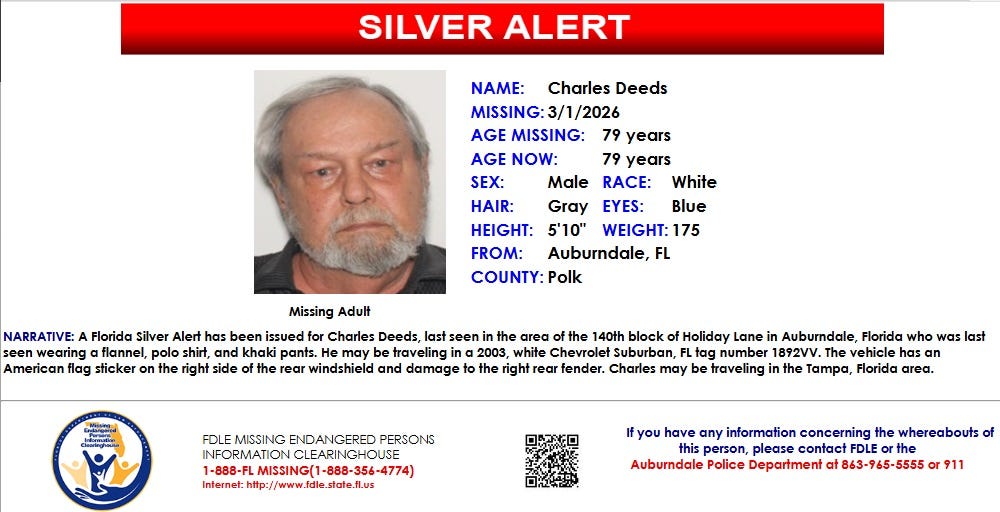 Silver Alert issued for missing 78-year-old Florida man