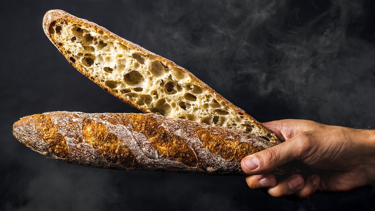 Extremely open crumb French baguette artisan sandwich bread with airy ...