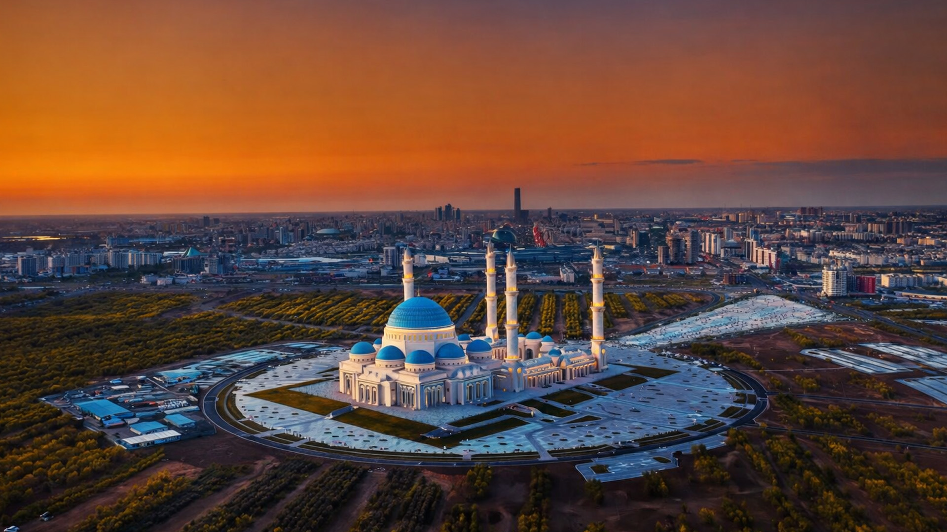 Golden sunset over Grand Mosque in Astana