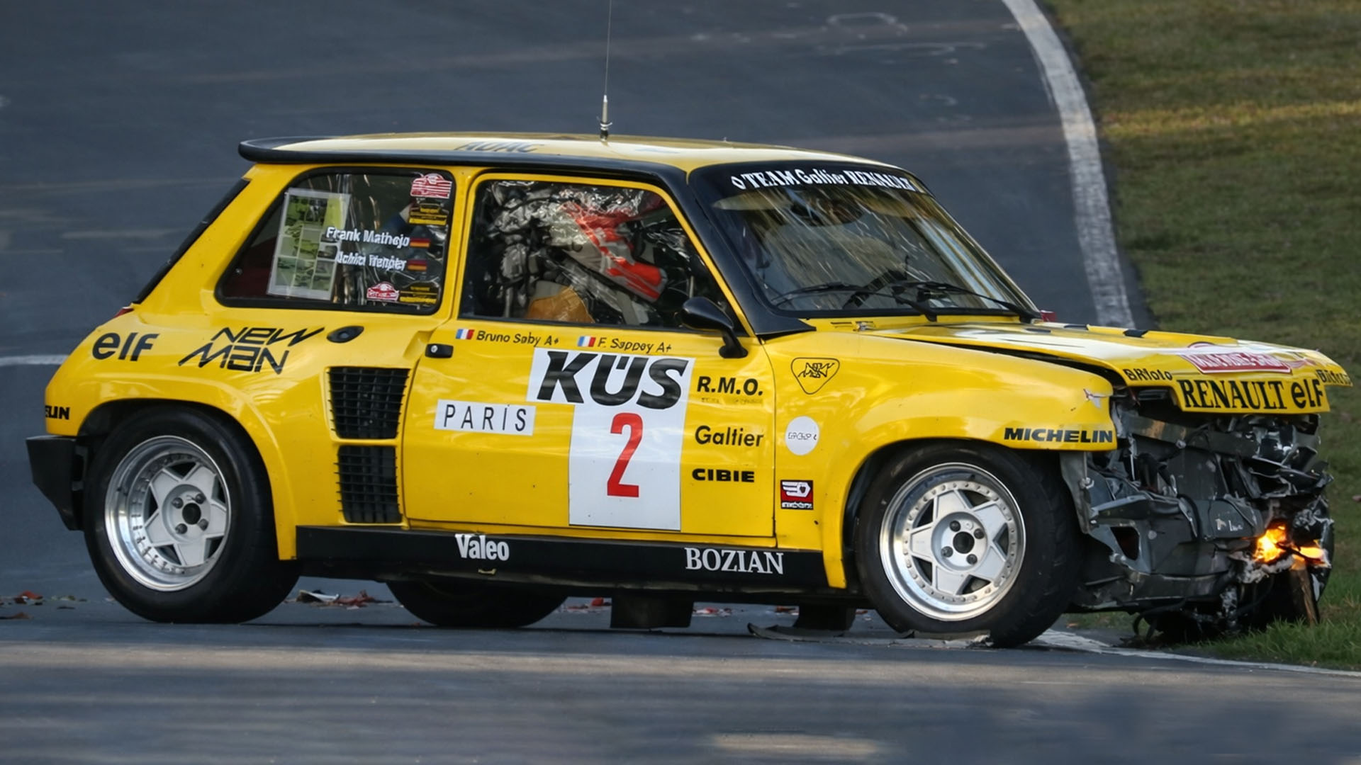 Rally car heavily damaged at Nürburgring