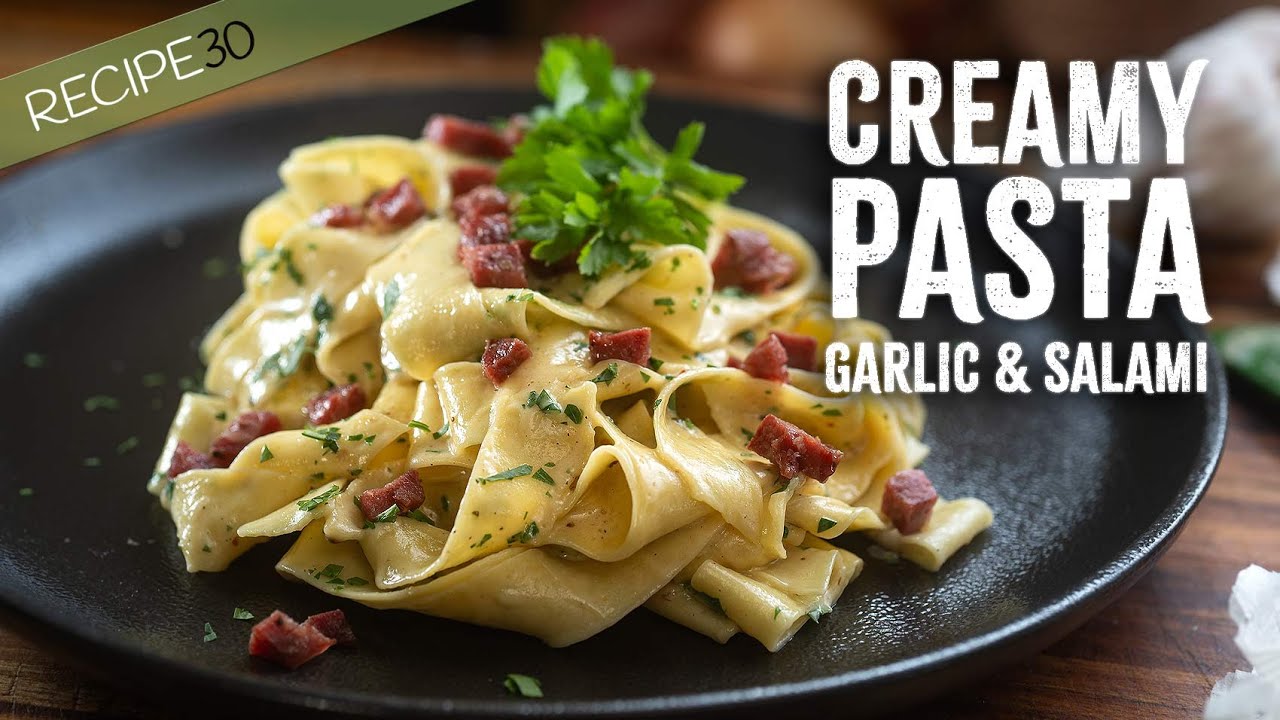 Make creamy garlic pasta with crispy salami