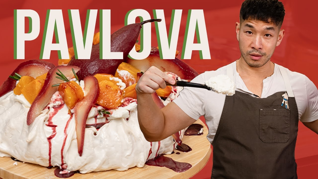Christmas pavlova with poached pear and persimmon