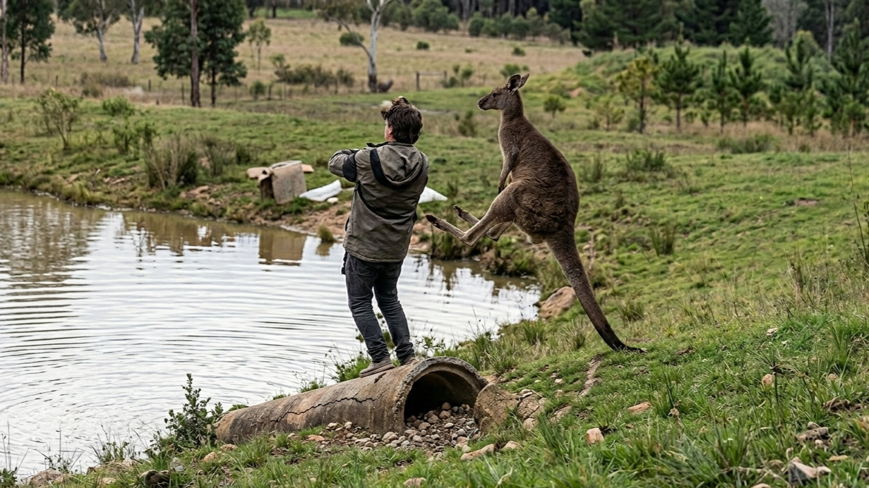 Watch what happens when a man turns his back on a kangaroo