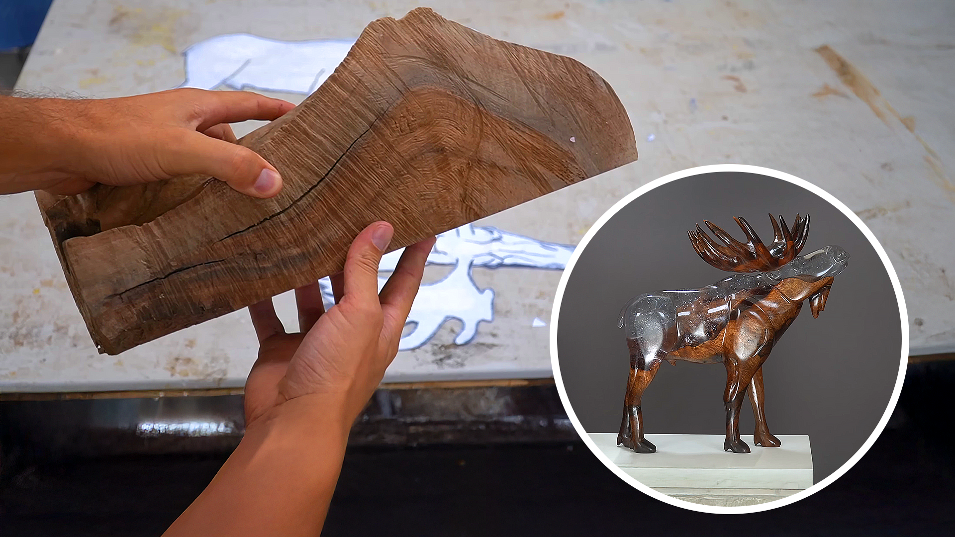 5-year moose carving: Bastogne walnut & metallic epoxy