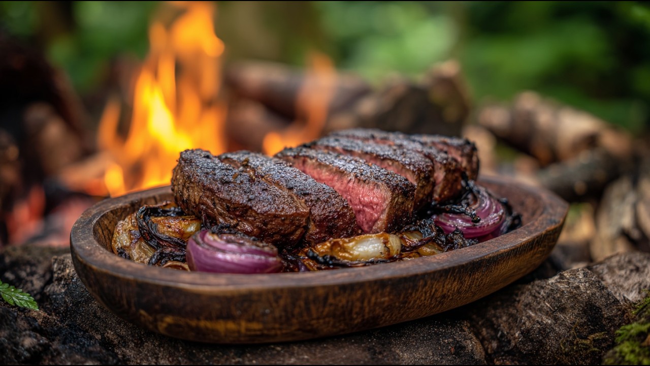🥩 Rump steak & caramelized onions 🔥 Bushcraft cooking feast 🌲