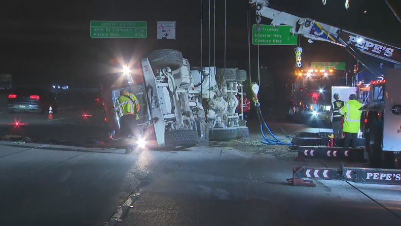 Northbound 110 Freeway in Gardena reopens after a cement truck ...