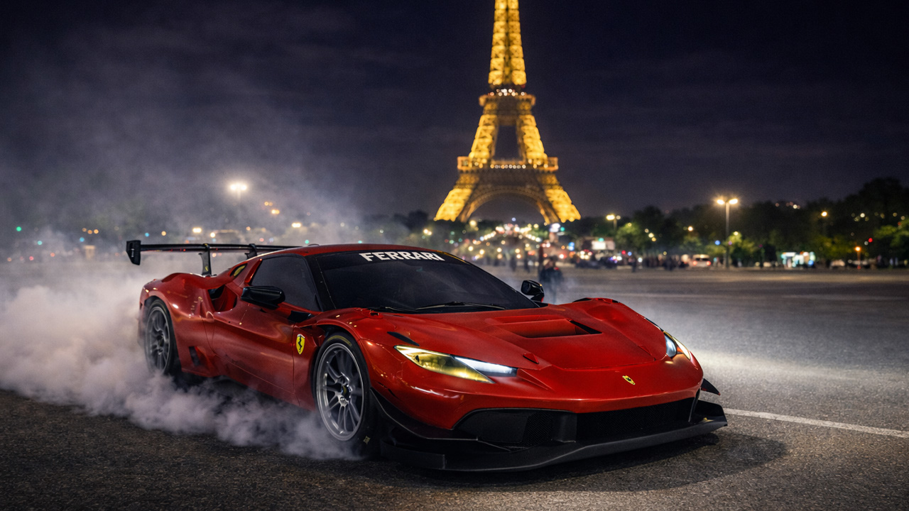 Paris night drift with a Ferrari race car