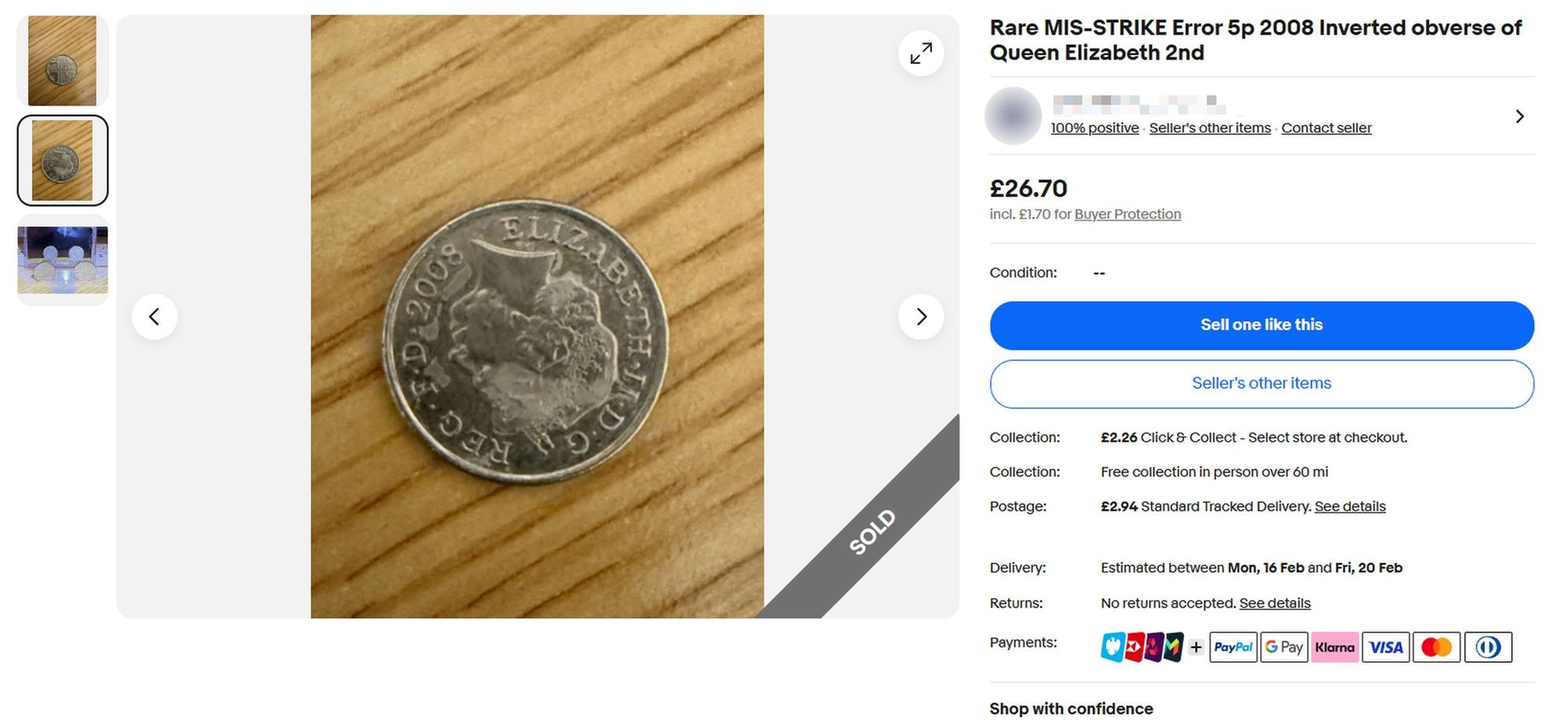Rare 5p coin with Queen's head 'upside down' sells for £26