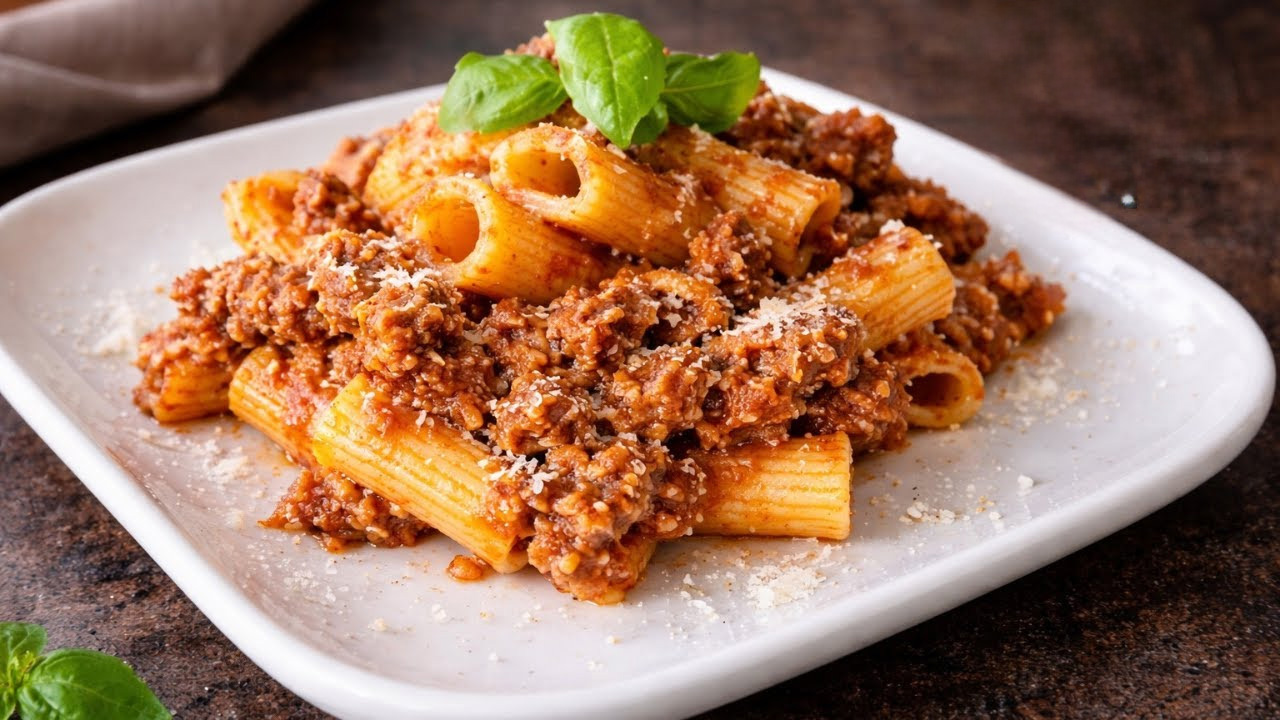 Homemade bolognese pasta recipe featuring rigatoni