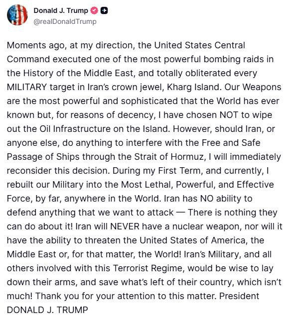 Trump bombs Iran's Kharg Island and threatens to hit oil exports