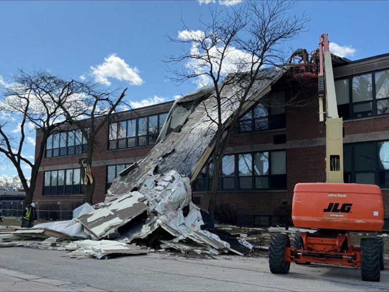 Powerful winds sweep through Niles, tearing roof off high school
