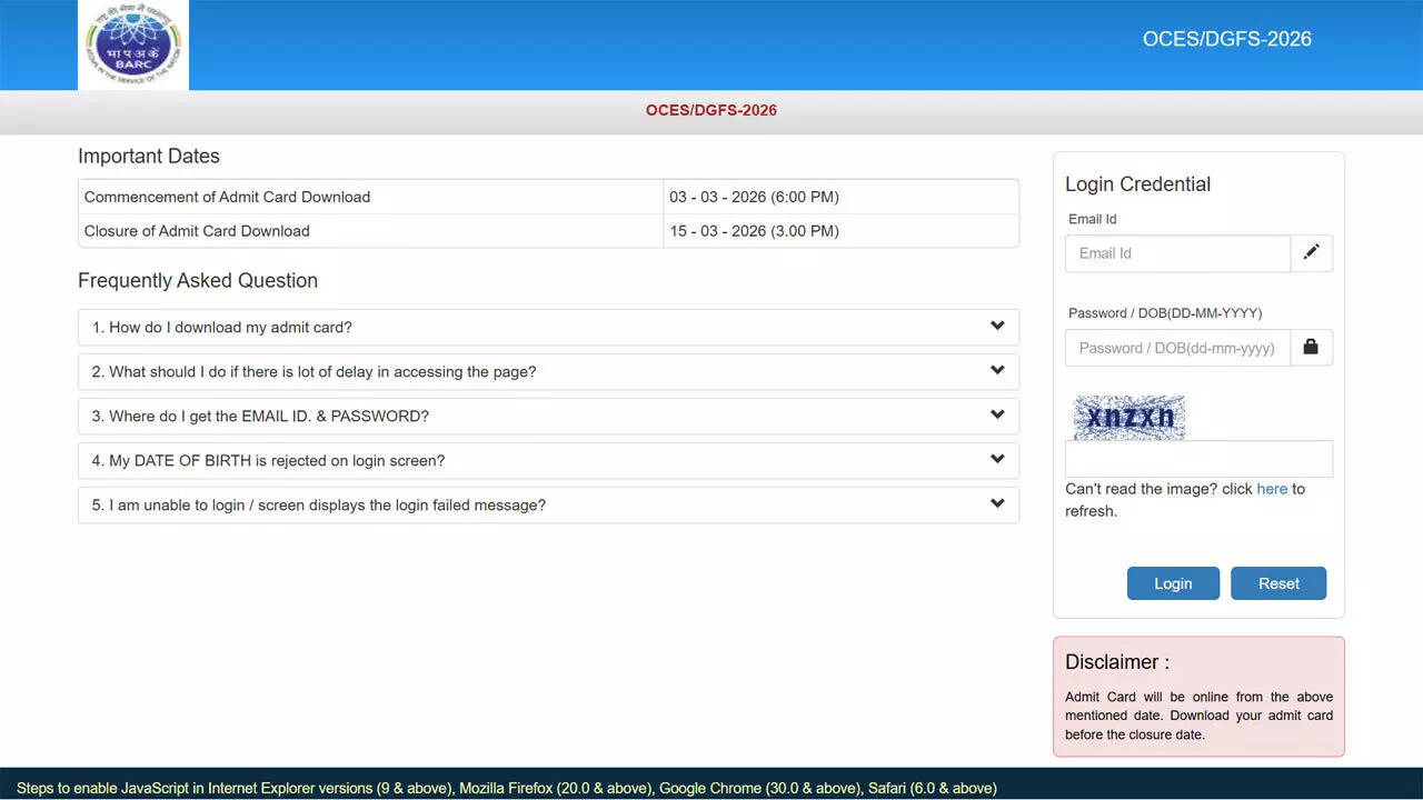 BARC OCES/DGFS, DDFS 2026 CBT today and tomorrow: Admit card link and ...