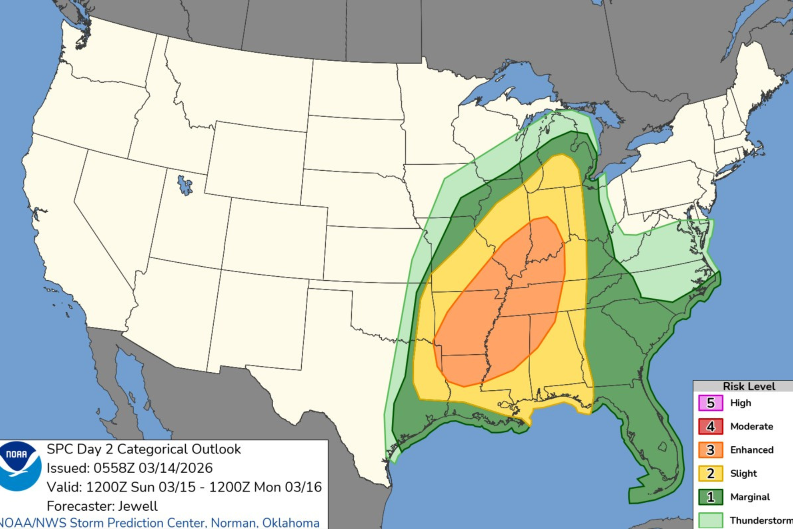Map shows states in path of tornado threat