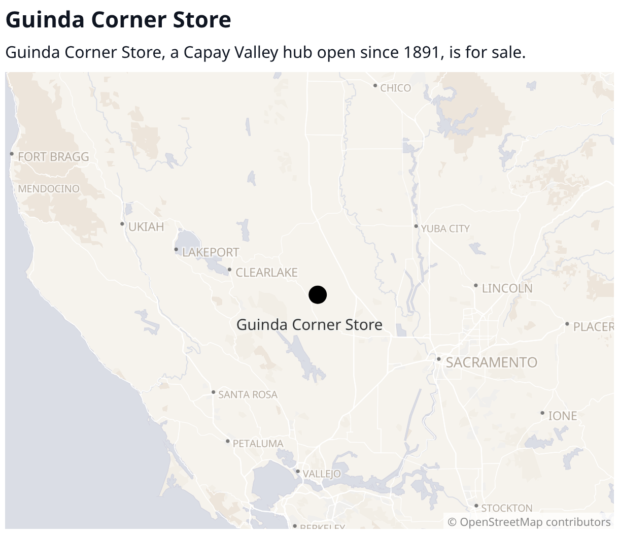 Explore remote Yolo County corner store, open since 1891. It's for sale