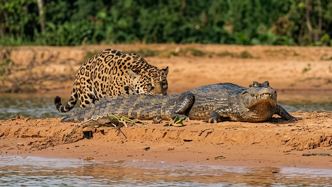 Watch what happens when a jaguar sneaks up on a caiman