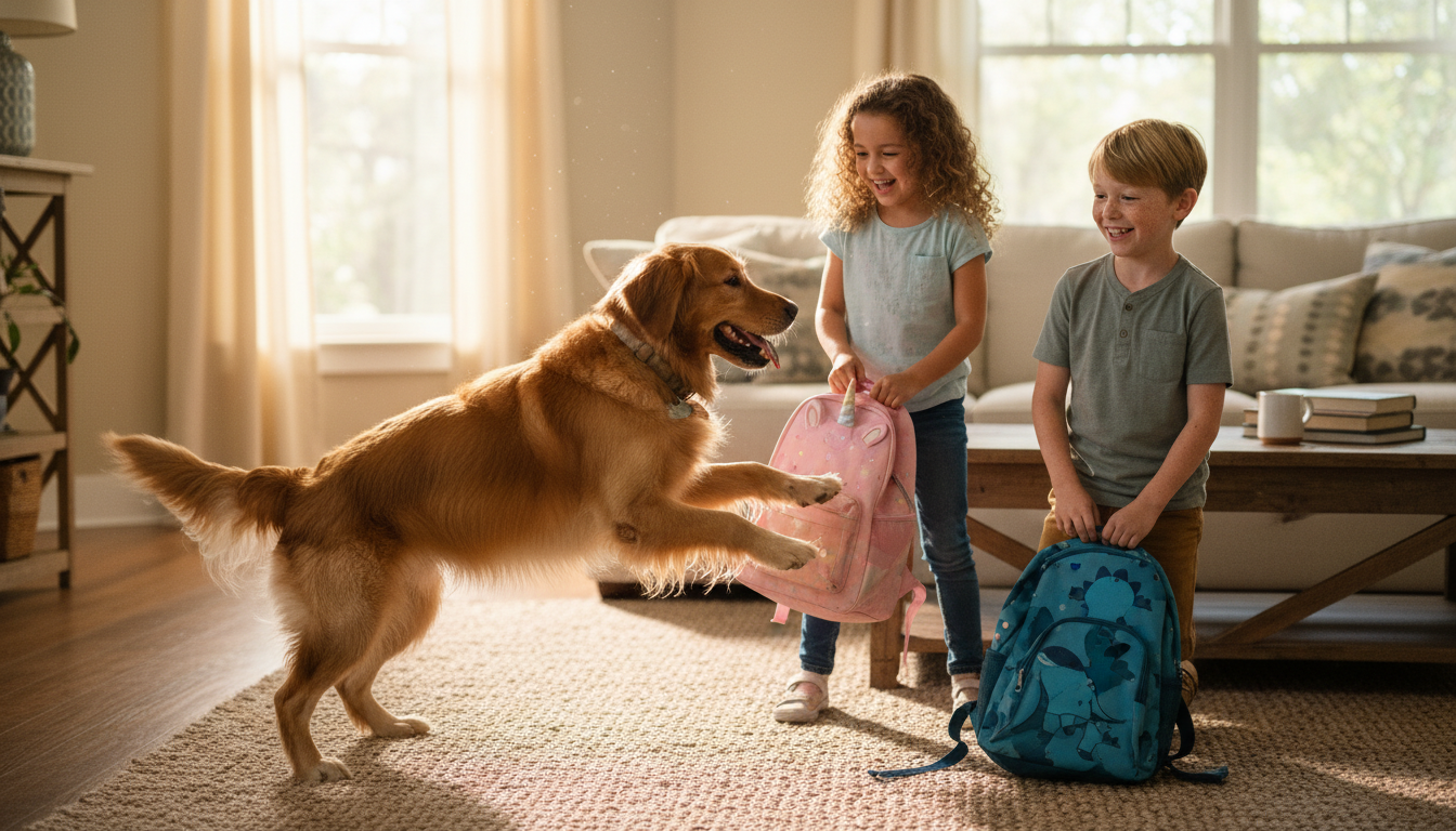 Retriever greets kids after school then owner notices mistake 4 hours later