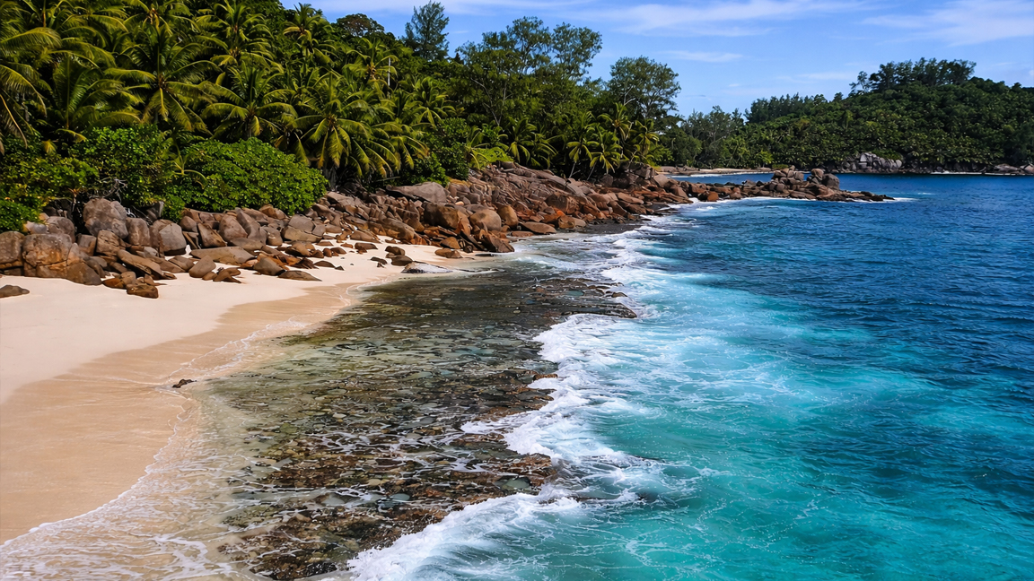 A peaceful tropical shoreline with turquoise ocean water