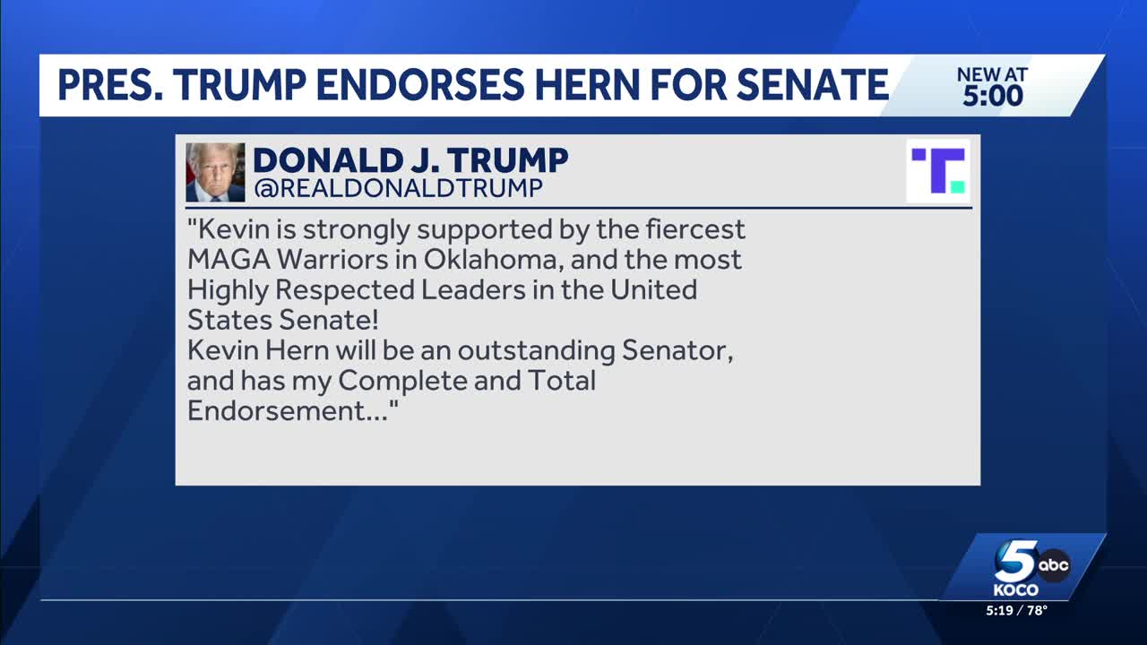Oklahoma Rep. Kevin Hern endorsed by Trump, lawmakers for Sen. Mullin’s ...
