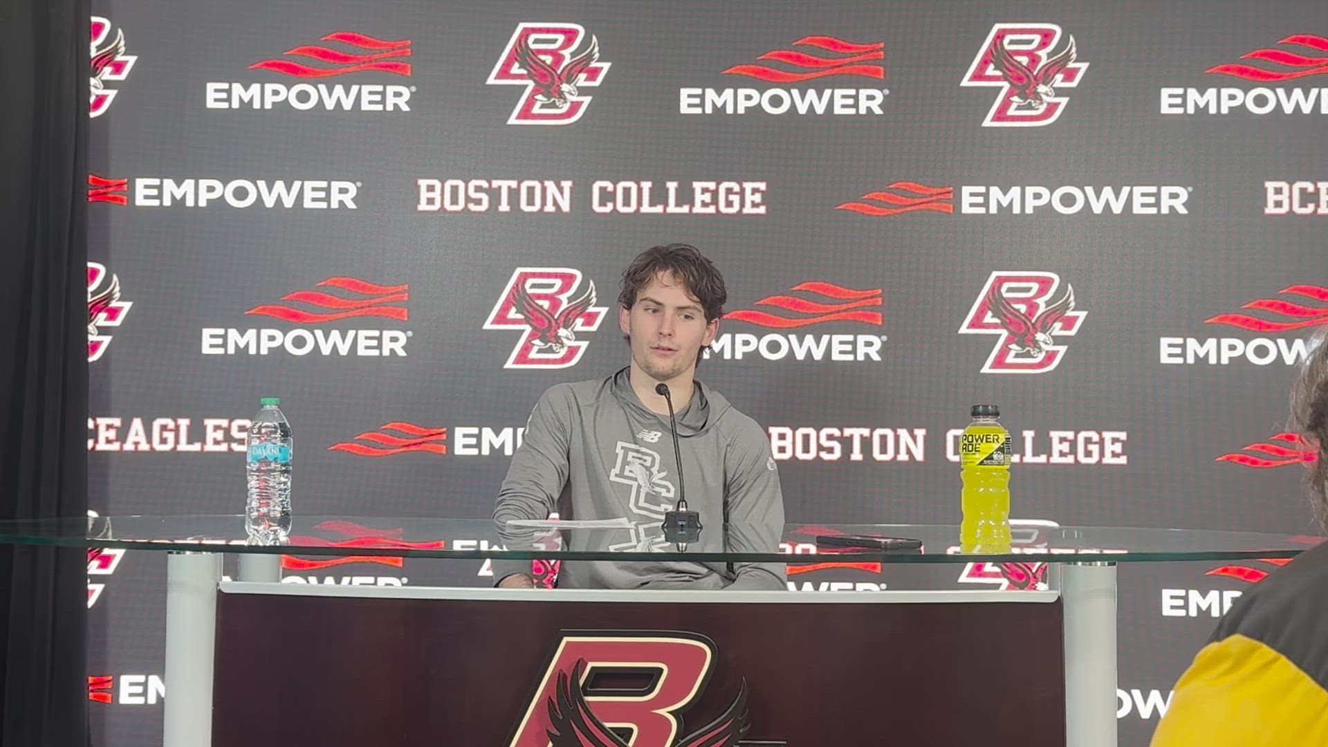 BC men's hockey forward Teddy Stiga on goalie Louka Cloutier after ...