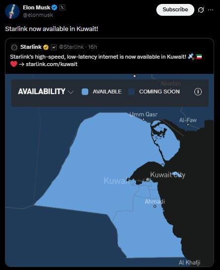 Starlink launches in Kuwait, Elon Musk confirms satellite internet ...