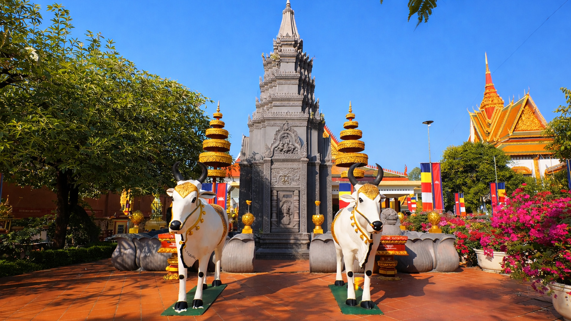 A temple guarded by two sacred white cows