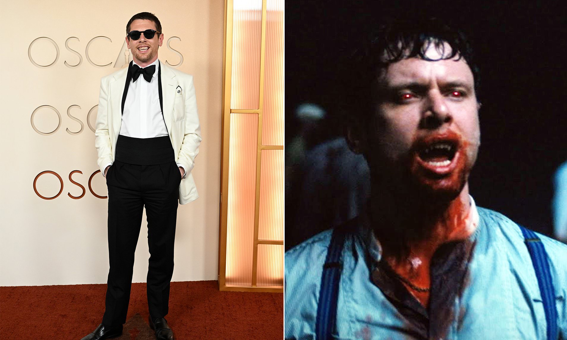 Sinners star Jack O'Connell arrives on the Oscars red carpet with blood ...