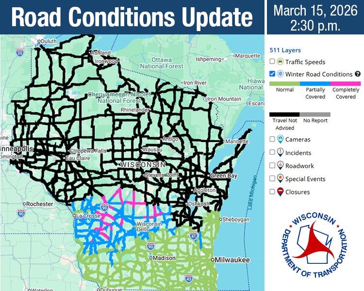 Wisconsin Department of Transportation urging people to stay off roads