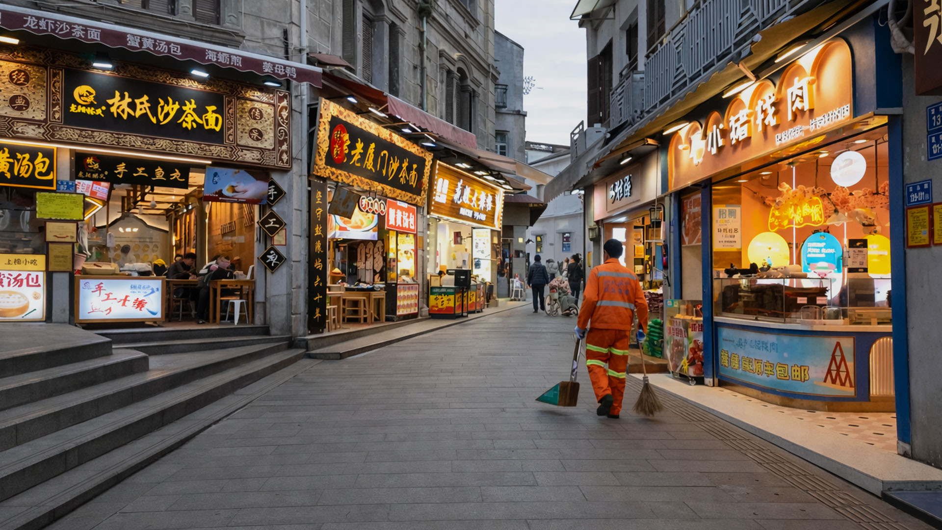 Visitors pass local food shops while touring China