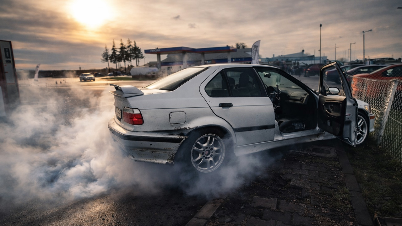 BMW E36 drift car trouble on a road trip