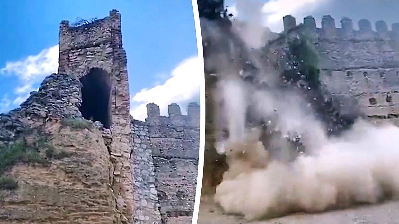 Medieval tower suddenly collapses at historic Spanish castle
