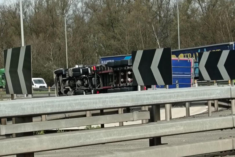 Person taken to hospital after lorry overturns on major Leicestershire road