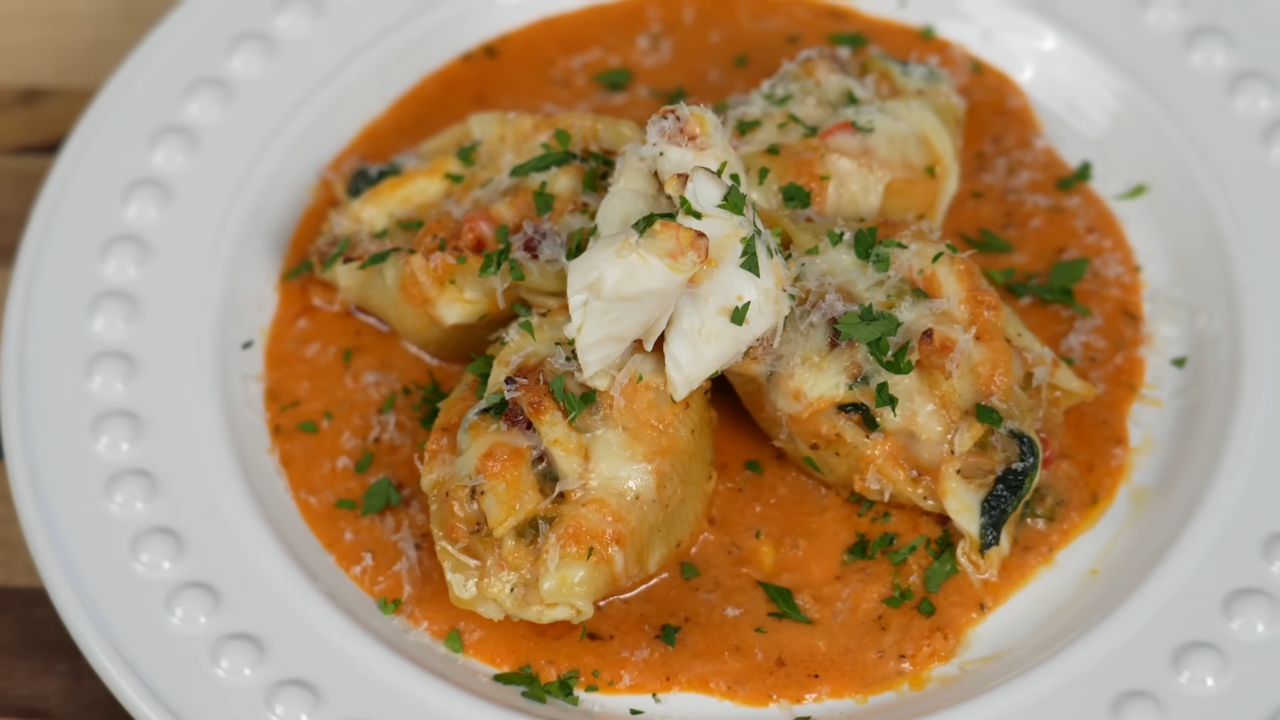 Simple seafood stuffed shells with creamy sauce