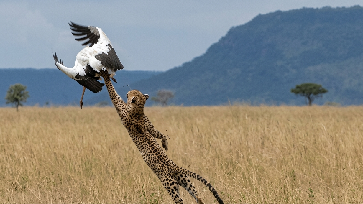 Watch what happens when a cheetah lunges at a stork