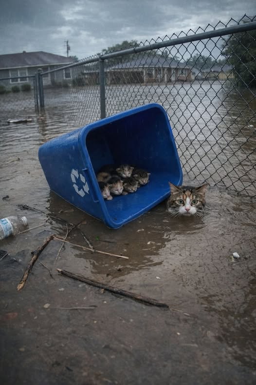 Una gatta resta nell’acqua per ore e salva i suoi gattini dall’alluvione