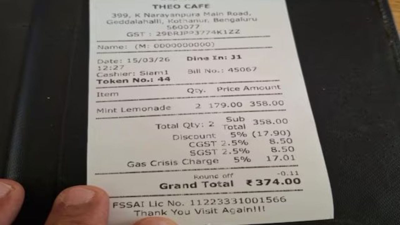 Bengaluru cafe bill sparks outrage over 'gas crisis charge' on lemonade